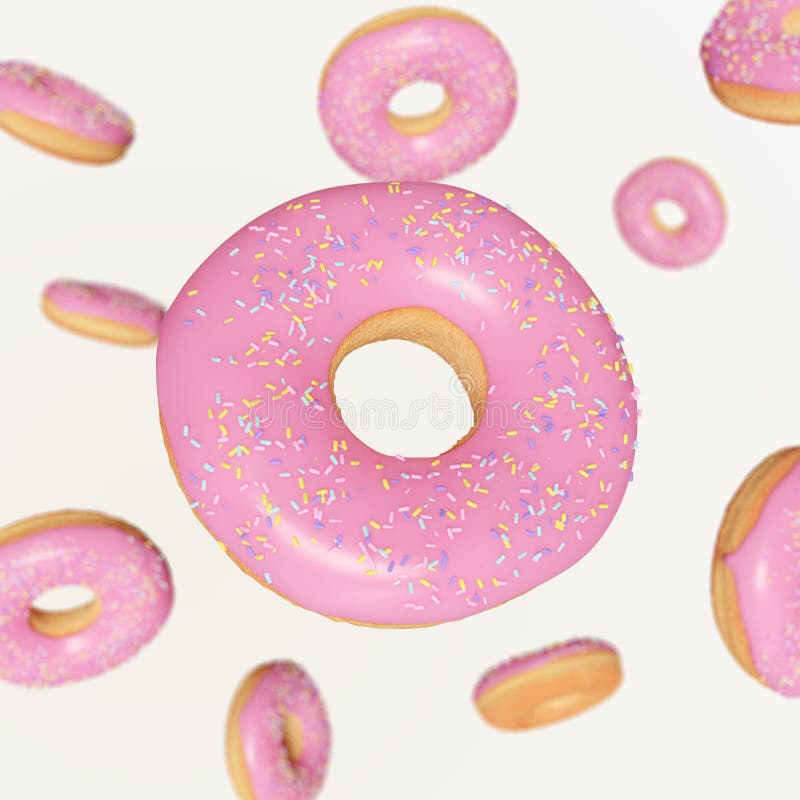 Pink Donut`s with Sprinkles Falling Down on White Background Stock ...