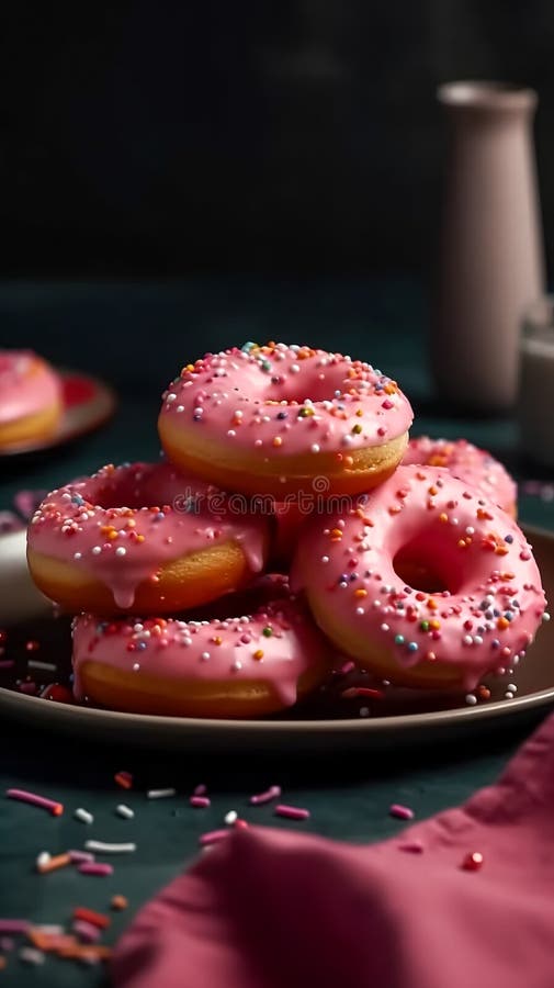 Pink Donuts Decorated with Icing on the Kitchen Table, Generative AI ...