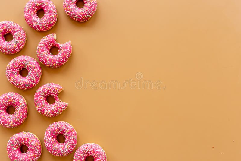 Pink Donuts with Icing and Sprinkles, Top View. Sweet Snacks Set Stock ...