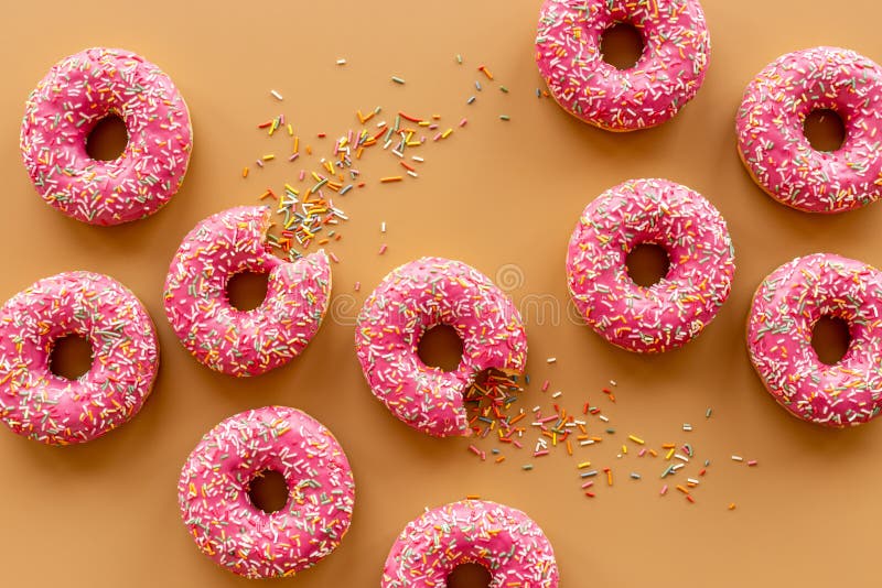 Pink Donuts with Sprinkles Set, Top View. Sweet Bakery Background Stock ...
