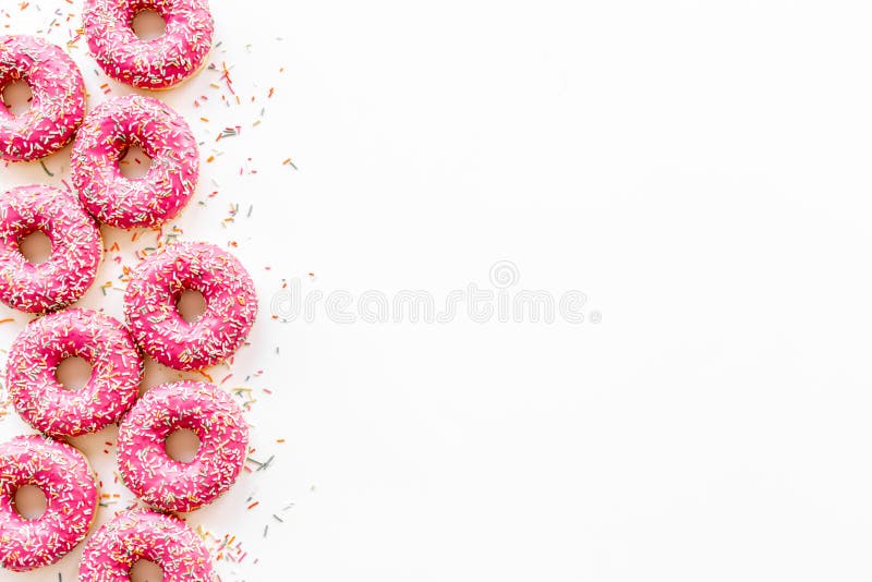 Pink Donuts with Icing and Sprinkles, Top View. Sweet Snacks Set Stock ...