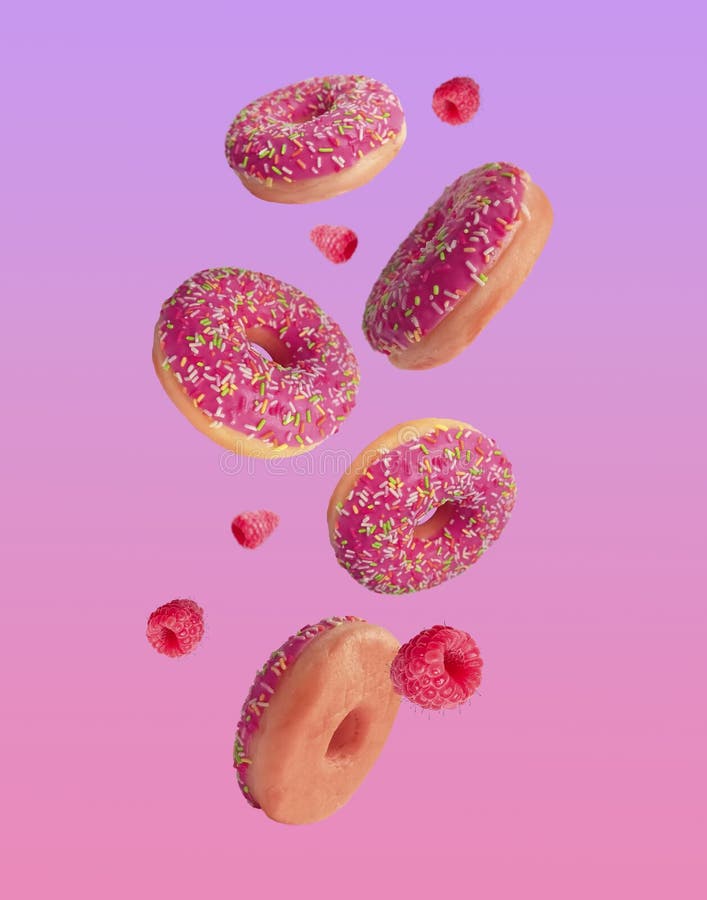 Pink Donuts and Raspberries Levitating on a Gradient Background Stock Image - Image of ...