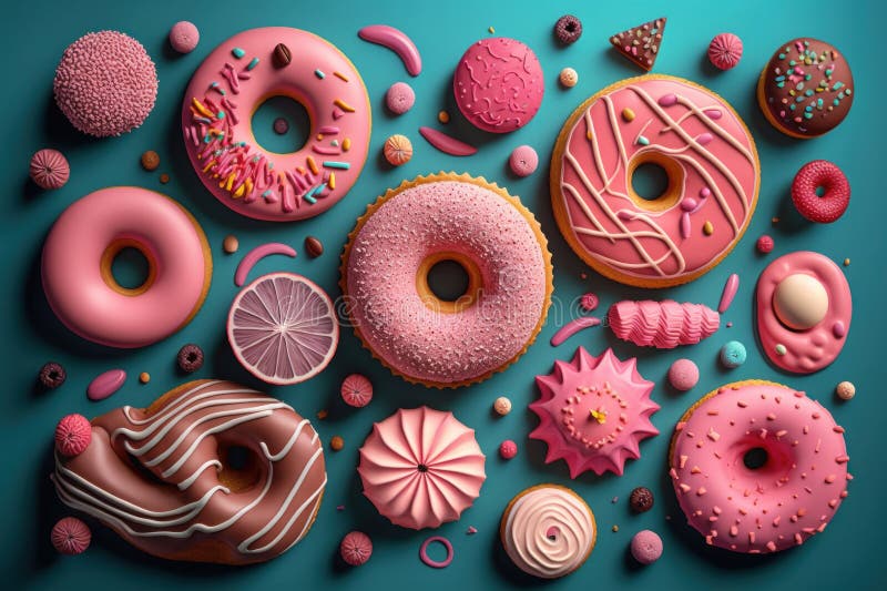 Pink Donuts and Sprinkles on Blue Background. Generative AI Stock Image ...