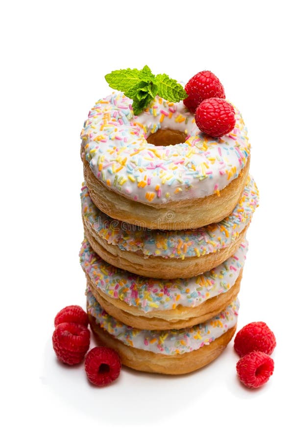 Pink Doughnuts with Sprinkles and Fresh Raspberry Isolated on White ...