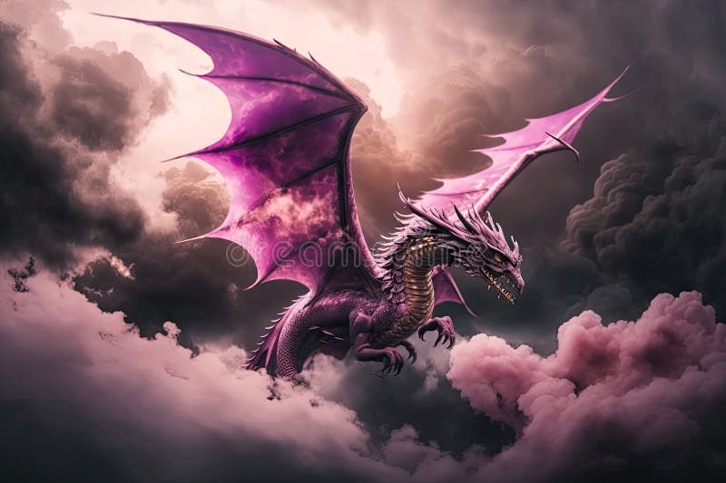 Pink Dragon Flying through the Clouds, Surrounded by Mist Stock ...