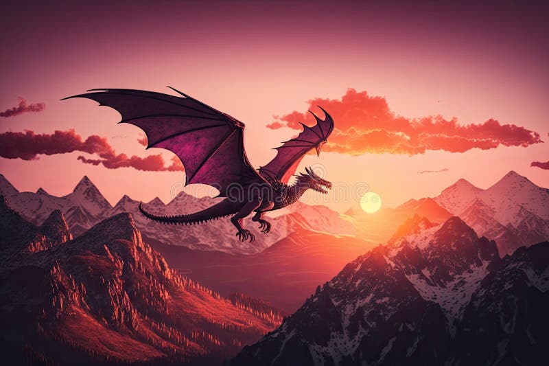 Pink Dragon Flying Over Mountain Range, with View of the Sun Setting ...