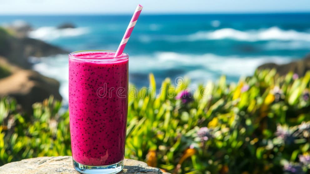 Pink Dragon Fruit Smoothie by the Ocean Stock Illustration ...