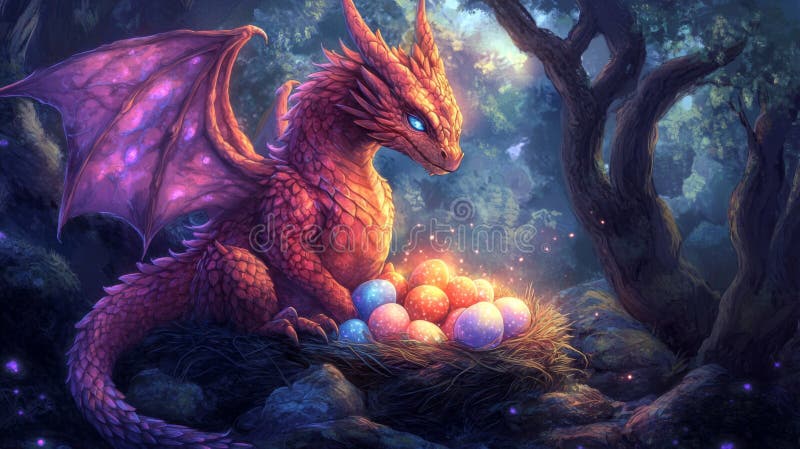 Pink Dragon Protecting Eggs in a Dark Forest Stock Illustration - Illustration of dark, digital ...