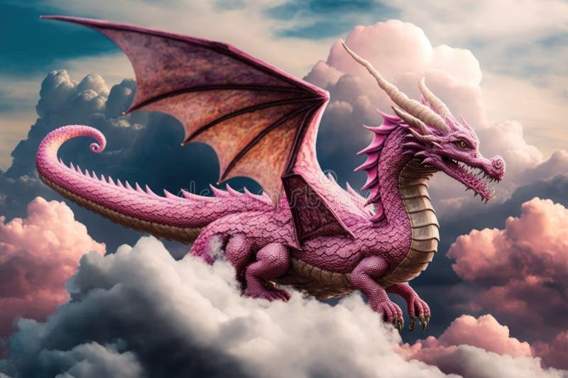 Pink Dragon Soaring through the Clouds, Wings Spread Wide Stock ...