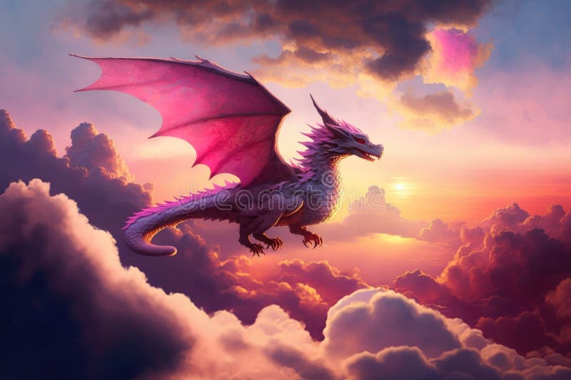 Pink Dragon, Soaring Above Cloudscape, with View of Sun Setting Behind ...