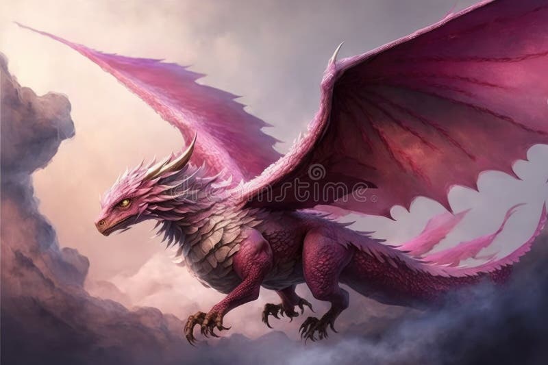Pink Dragon Flying through Magical Misty Forest Stock Illustration ...