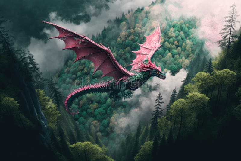 Pink Dragon Soaring through the Clouds, with View of Lush Green Forest ...