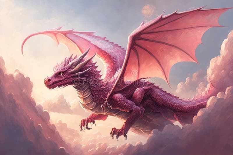 Pink Dragon Soaring through the Clouds in the Warm Sunlight Stock ...