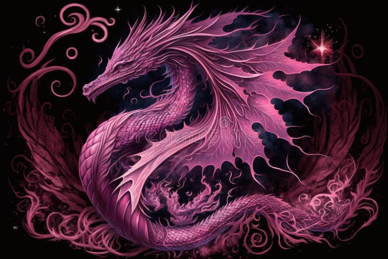 Pink Dragon Soaring through the Clouds, Wings Spread Wide Stock ...