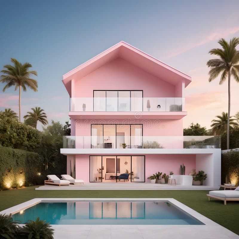 Pink Dream Home with Pool and Palm Trees. Stock Illustration ...