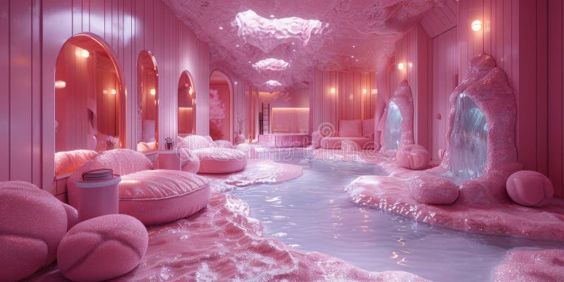 Pink Dream Spa Interior with Waterfall and Pool. Created by Generative ...