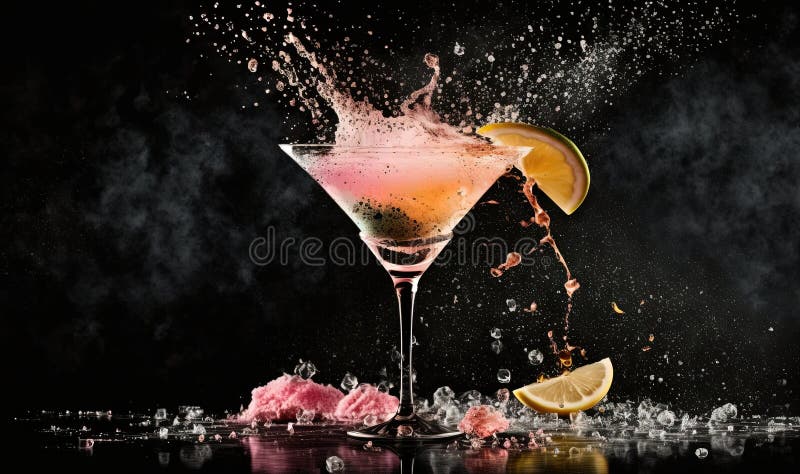 A Pink Drink Splashing into a Glass with a Slice of Lemon Stock ...