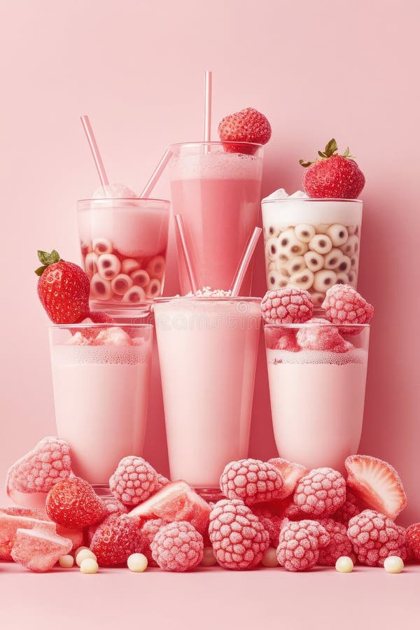 Pink Drinks Displayed with Strawberries Raspberries and White Candies ...