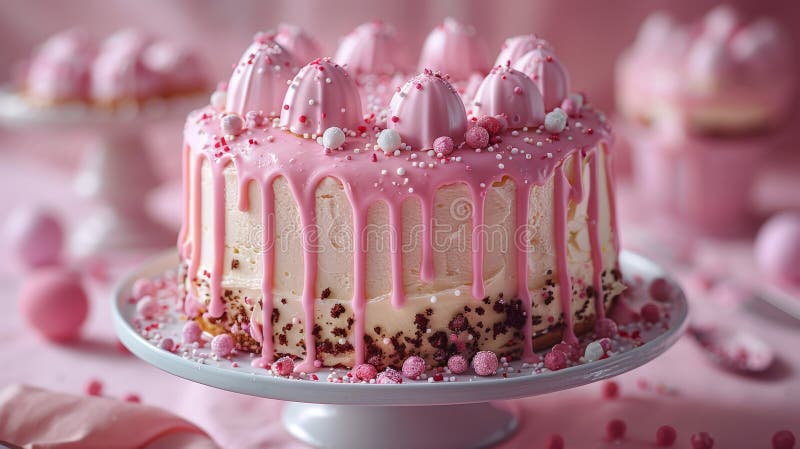 Pink Dripping Cake with Sprinkles and Decorations Stock Illustration ...