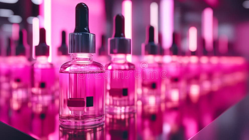 Pink Dropper Bottles on a Reflective Surface with a Neon Pink Backdrop ...