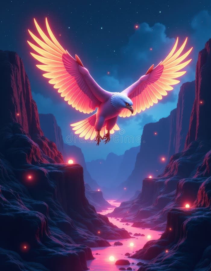 Pink Eagle Soaring through a Glowing Canyon at Night Stock Illustration ...