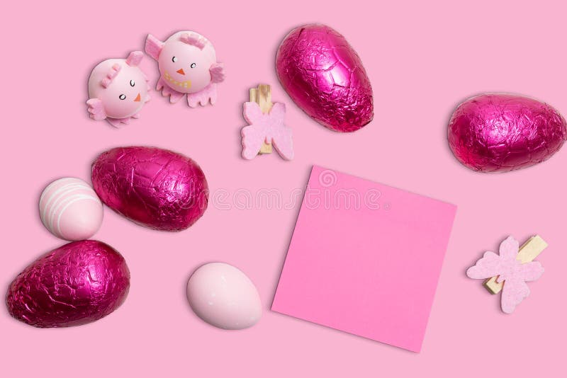 Pink Easter Background with Easter Eggs, Decorations and Pink Blank ...