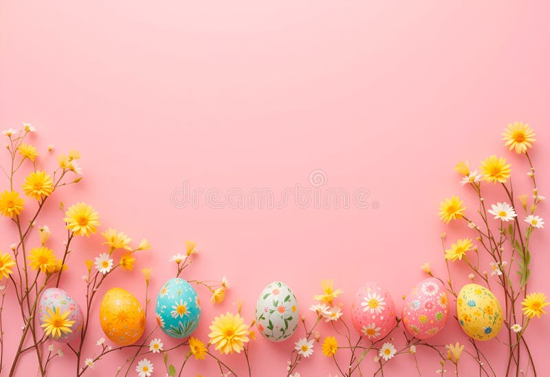 Pink Easter Background with Space for Text.Easter Eggs, Flowers ...