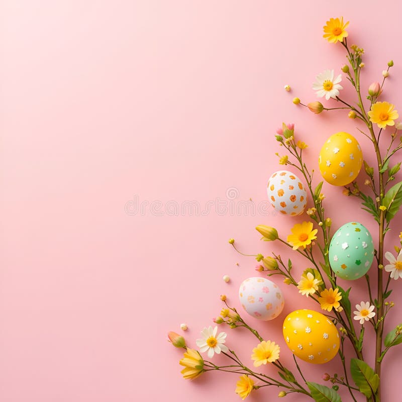 Pink Easter Background with Space for Text.Easter Eggs, Flowers ...