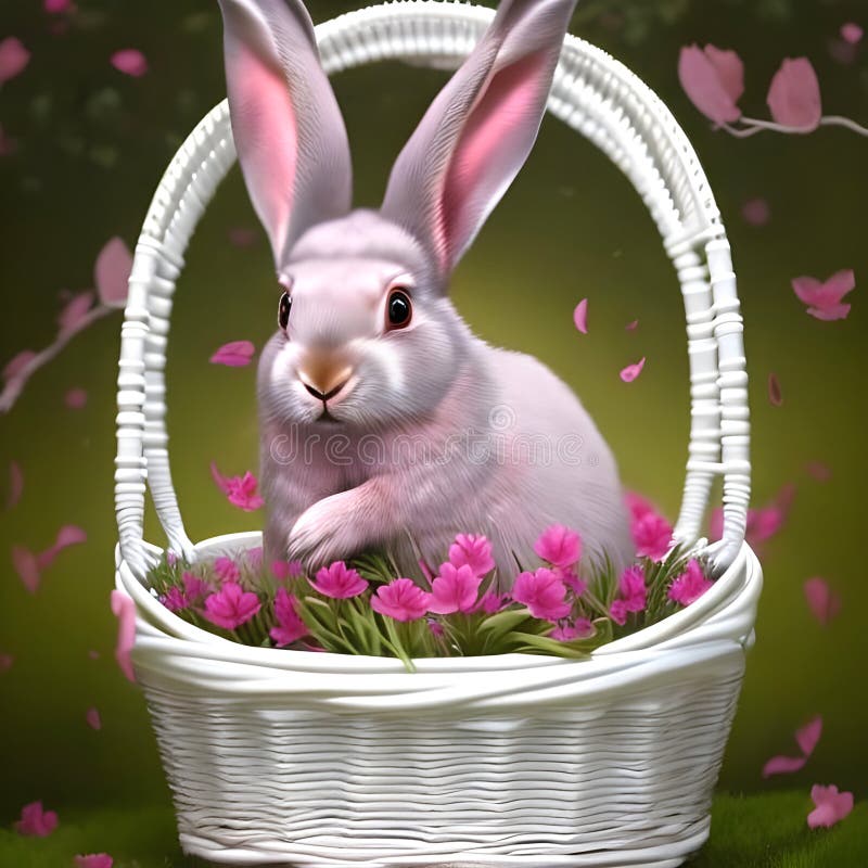 Pink Easter Bunny Sits in a Basket with Flowers Stock Illustration ...