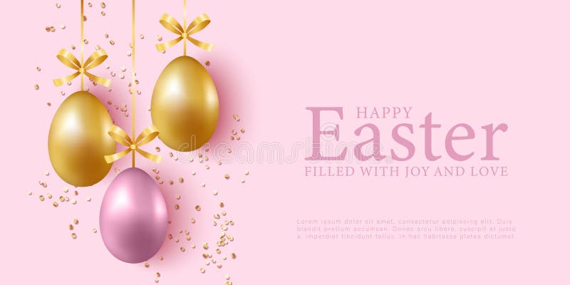 Pink Easter Card with Gold and Pink Easter Eggs, Gold Bows Stock Vector ...