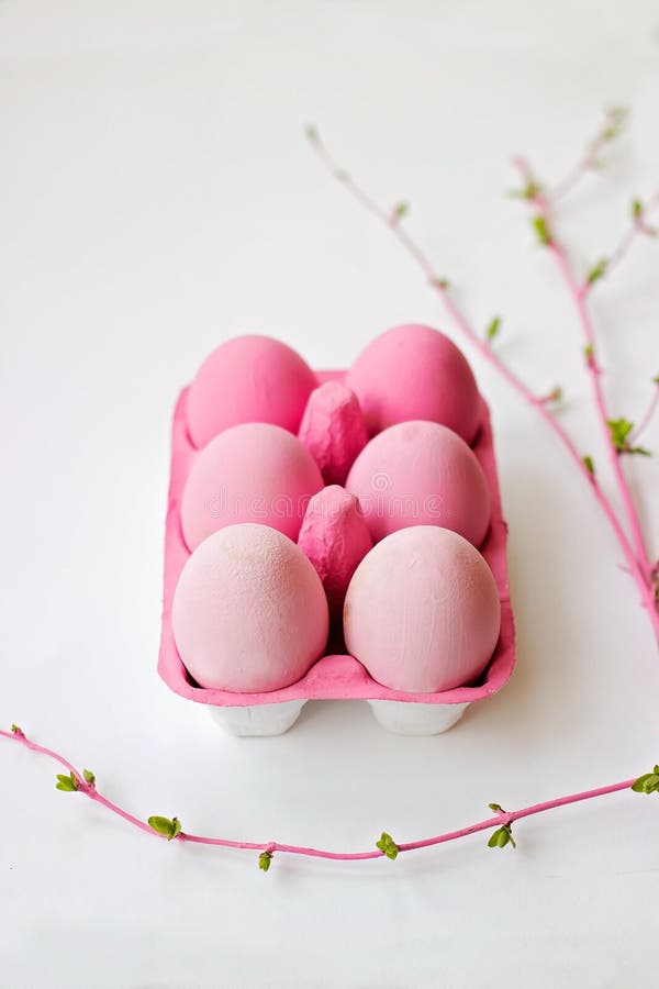 Pink Easter Eggs in Pink Box, on White Table, Decorated with Pin Stock ...