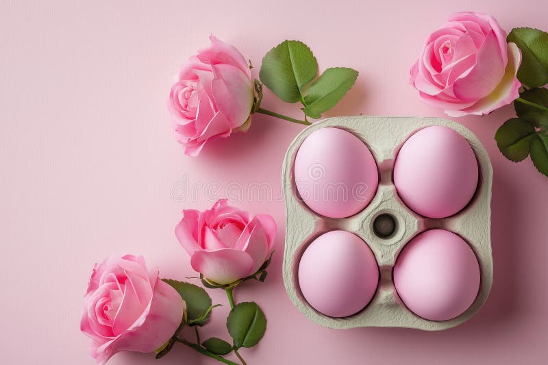 Pink Easter Eggs in Carton with Pink Roses on Pastel Background Stock ...