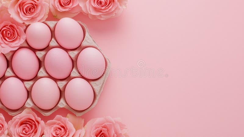 Pink Easter Eggs in Carton Surrounded by Roses on Pastel Pink ...