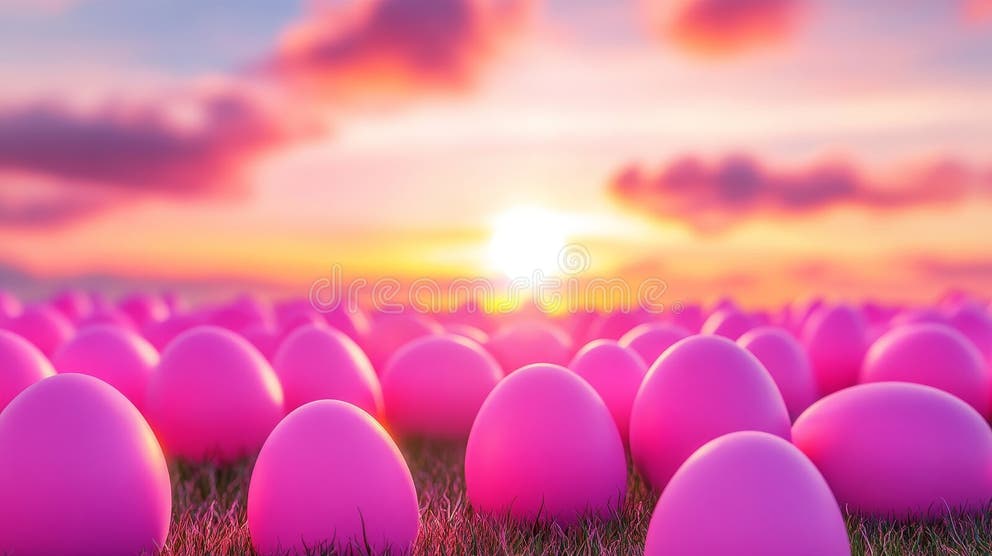 Pink Easter Eggs at Sunset Many Pink Easter Eggs Sit in Grass at Sunset ...