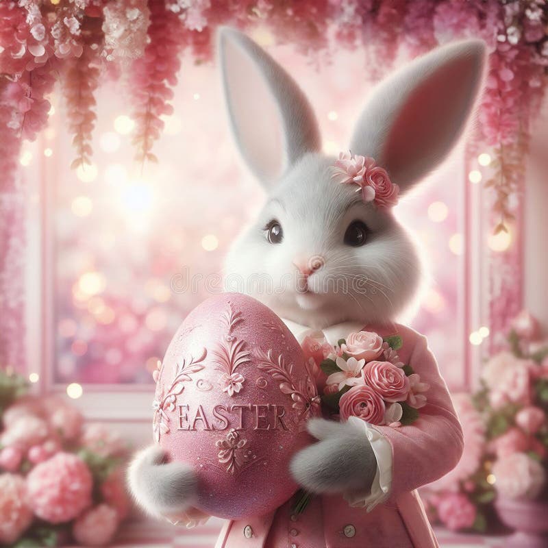 Pink Easter Graphics White Rabbit with an Easter Egg Stock Illustration ...