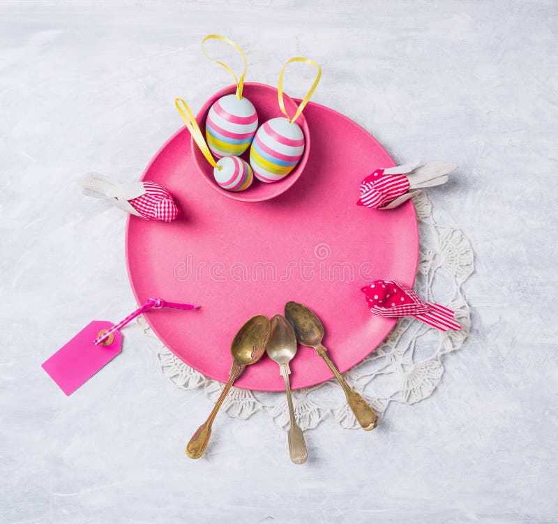 Pink Easter Plate with Spoons, Eggs and Table Sign Stock Photo - Image ...