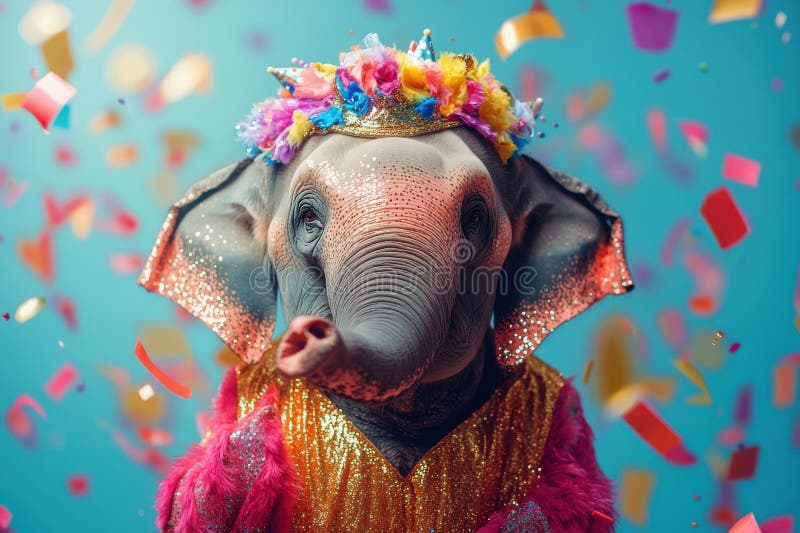 A Pink Elephant with a Crown on Its Head is Surrounded by Confetti ...