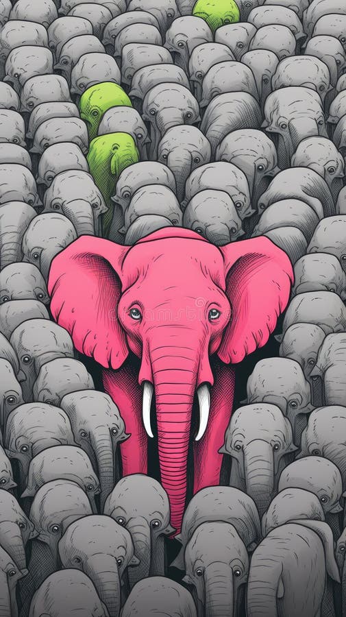 A Pink Elephant Walking Middle in Many Elephants Stock Illustration ...