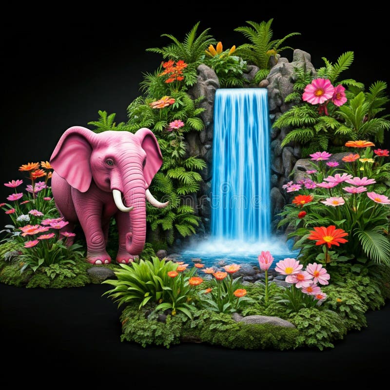 Pink Elephant Waterfall Tree Flower Mountain Stock Photo - Image of ...