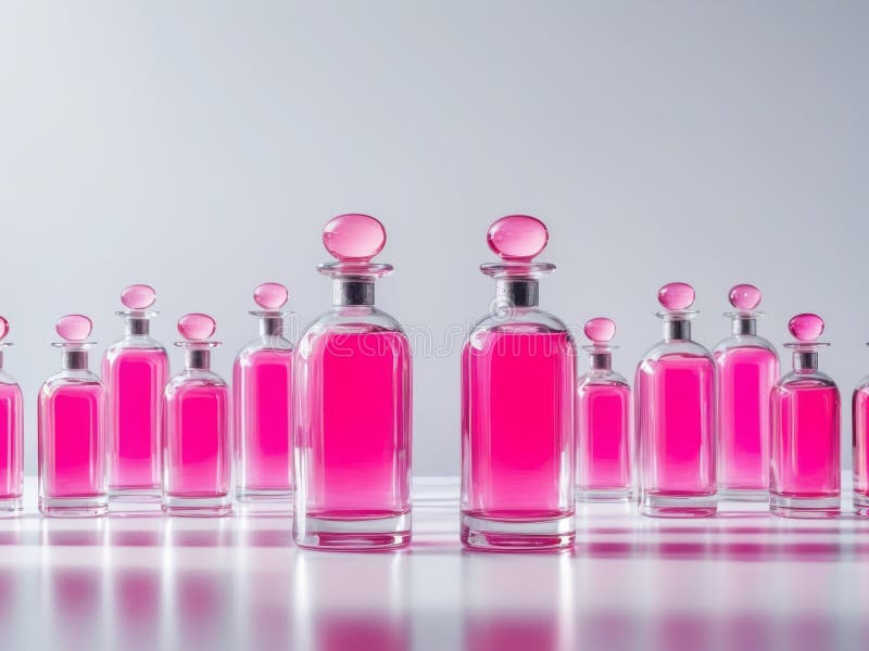 Pink Elixir. a Study in Glass Bottles and Reflective Light, Modern ...