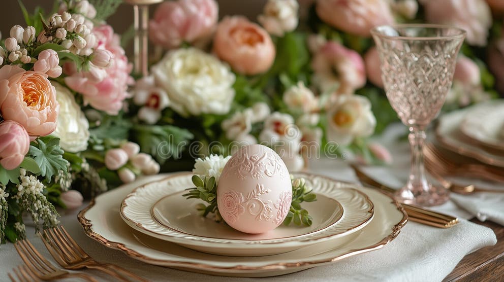 Pink Embossed Easter Egg on Cream Plates with Floral Decor and Greenery ...