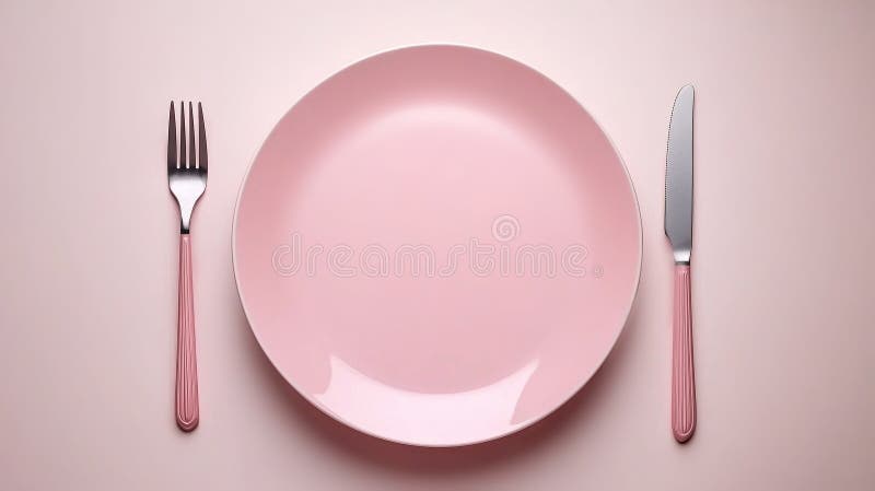 Pink Empty Dinner Plate with Fork and Knife in Overhead View Stock ...