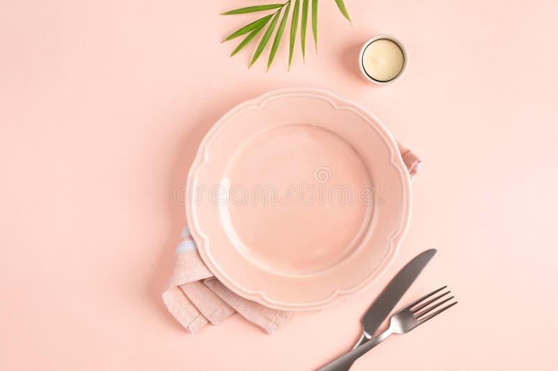 Pink Empty Plate and Cutlery with a Pink Napkin on a Pink Table. Stock ...