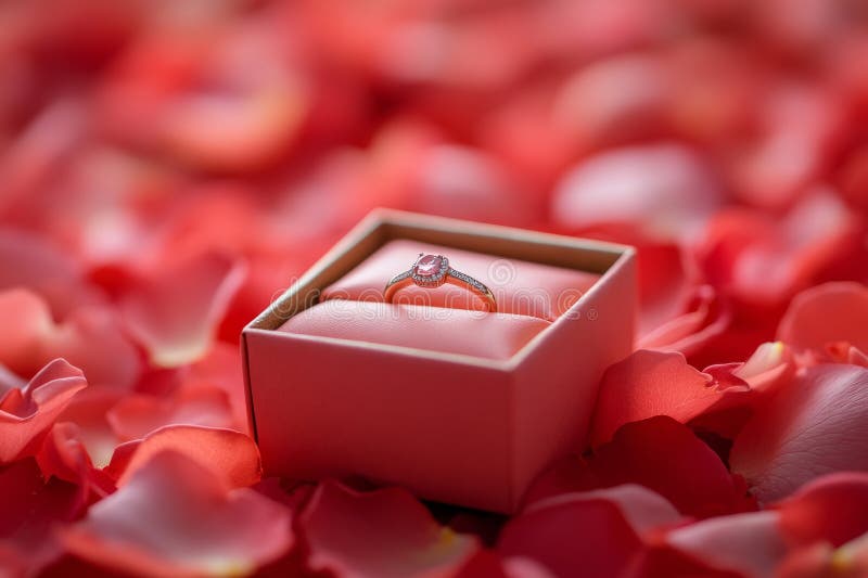 Pink Engagement Ring Box with a Diamond Ring Resting on a Bed of Rose ...