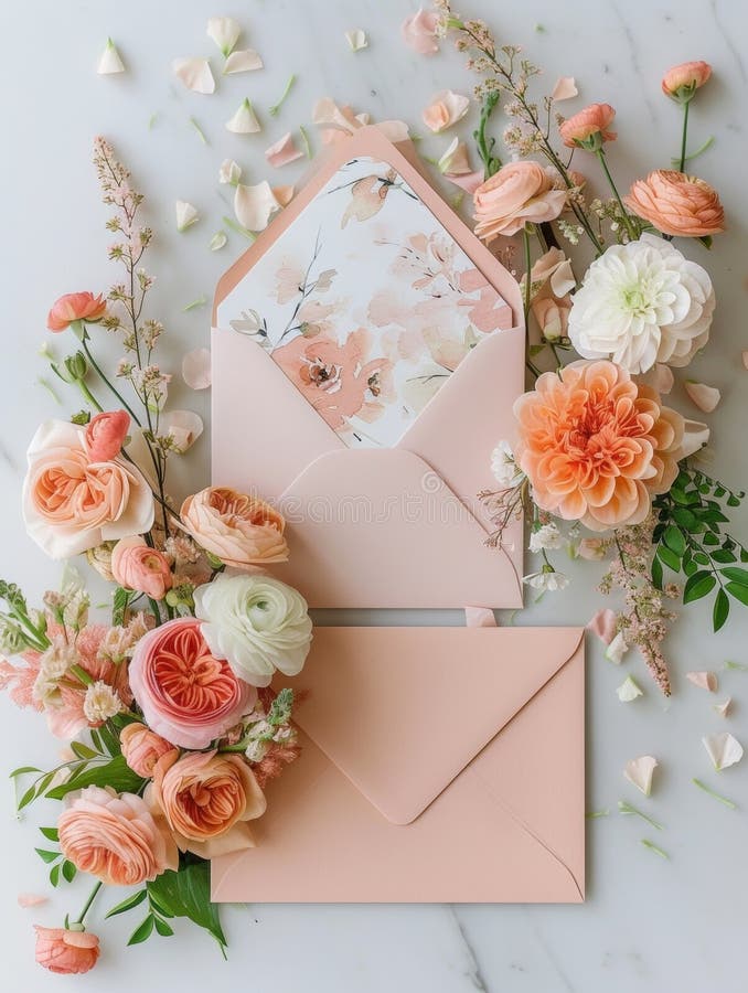 A Pink Envelope with a White Card and Flowers, AI Stock Photo - Image ...