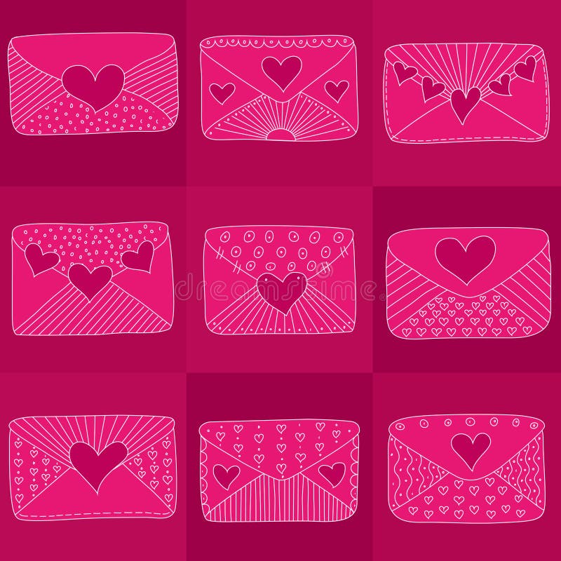 Pink Envelopes with Hearts and Lines Stock Illustration - Illustration ...