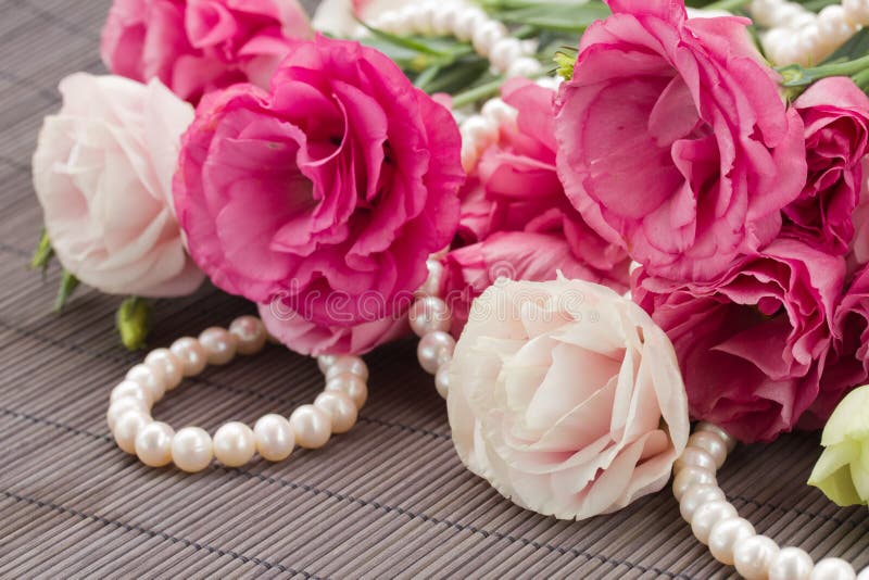 Pink Eustoma Flowers and Pearls Border Stock Photo - Image of blossom ...