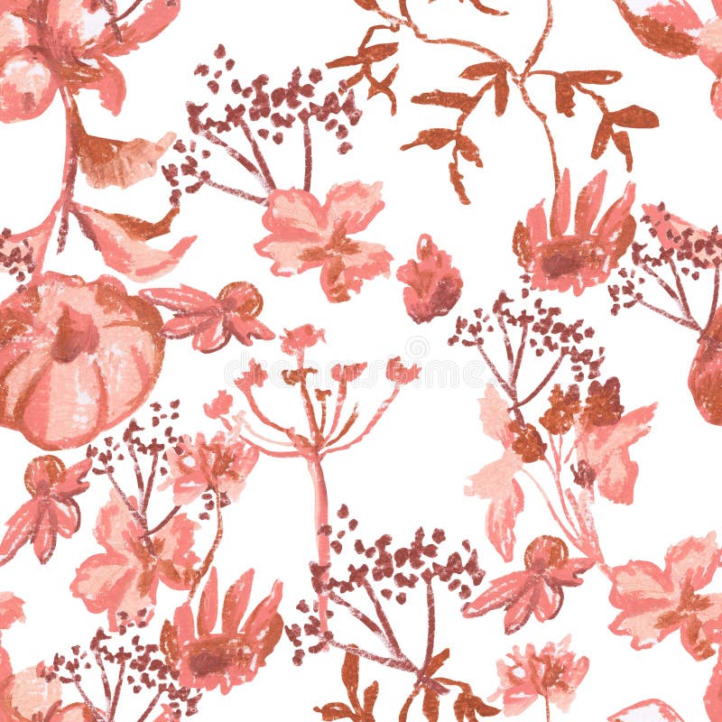 Pink Fall Botanicals Wax Crayons Seamless Pattern on White Isolated ...