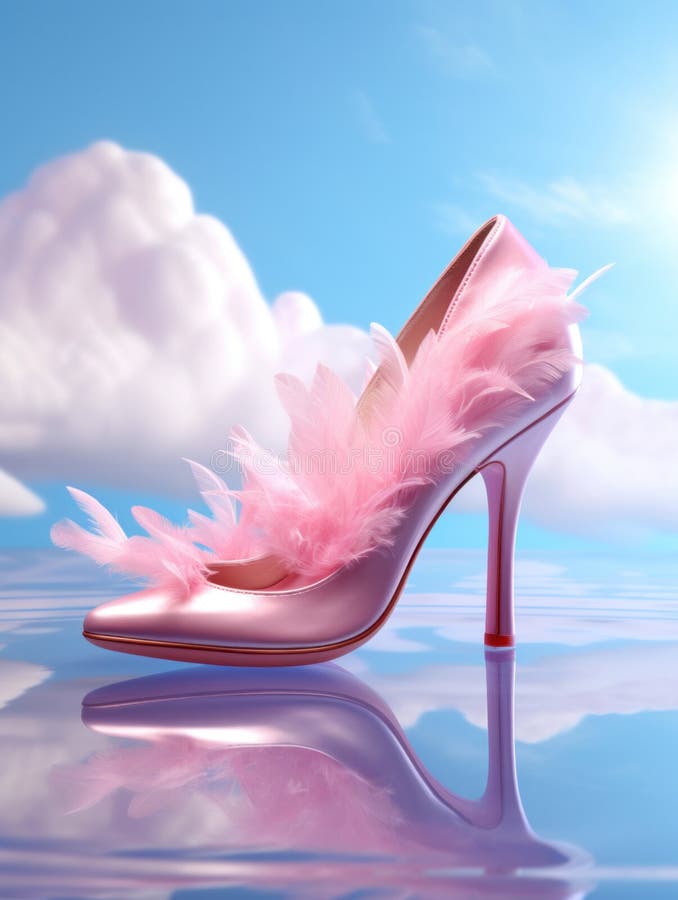 Pink Feathered High Heel Shoe Against a Cloud Backdrop. Stock Photo ...
