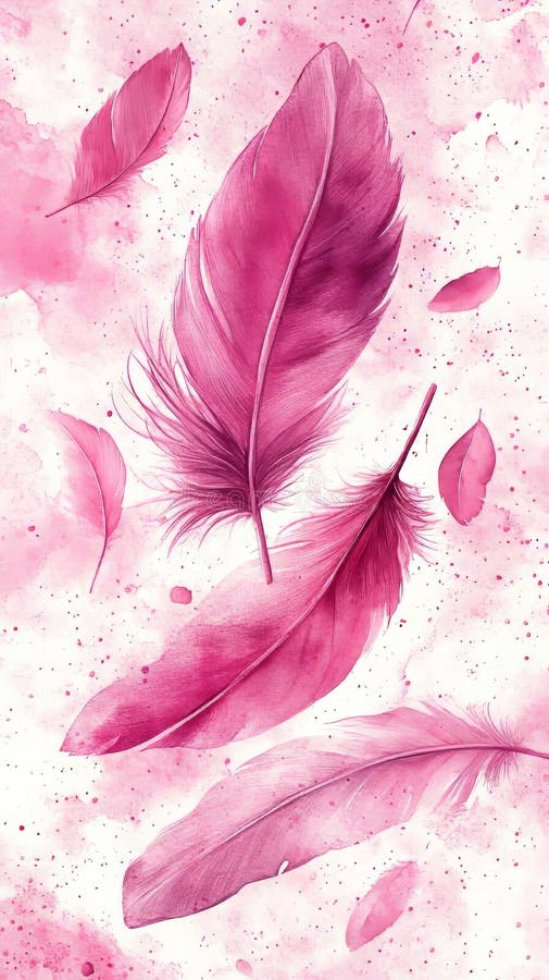 Pink Feathers Falling on a Watercolor Background Stock Illustration ...